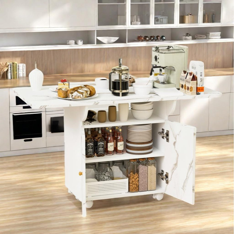 Folding Dining Table With 6 Wheels Storage Rack cabinet And Marble Texture